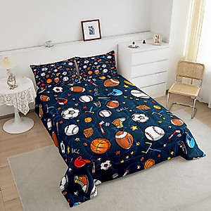 Feelyou Sports Comforter Set Blue Ball Bedding Set Baseball Football Basketball Comforter for Kids Boys Girls Competitive Games Duvet Set Room Decor Quilt King Size Boys
