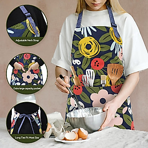 NLUS 2 Pieces Aprons for Women with Pockets, Adjustable Floral Kitchen Apron with Long Ties for Cooking, Drawing, Crafting(Black/Blue)