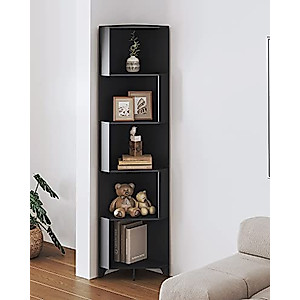 Yusong Bookshelf Corner Shelf Bookcase, Wooden 5-Tier Book Shelves Display Cabinet for Living Room,Bedroom,Bathroom, Black