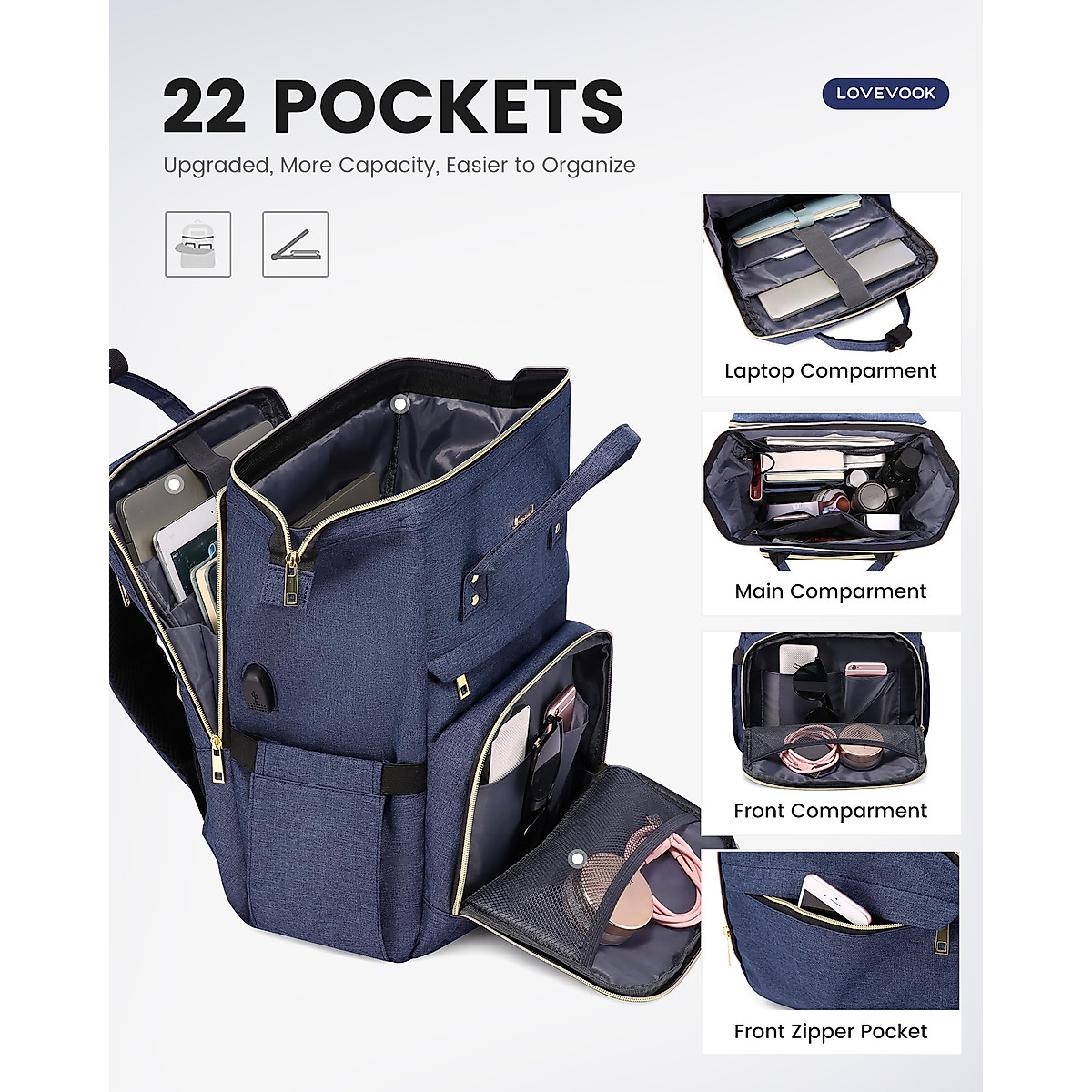 LOVEVOOK Laptop Backpack Women, 15.6 Inch Computer Backpack with Charger, Water Resistant Teacher Bag Work Backpack with Laptop Compartment for Travel Business College, Blue