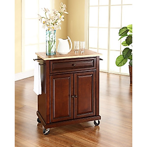 Crosley Furniture Compact Wood Top Small Rolling Cart with Shelves, Microwave Stand with Towel Rack, Mahogany
