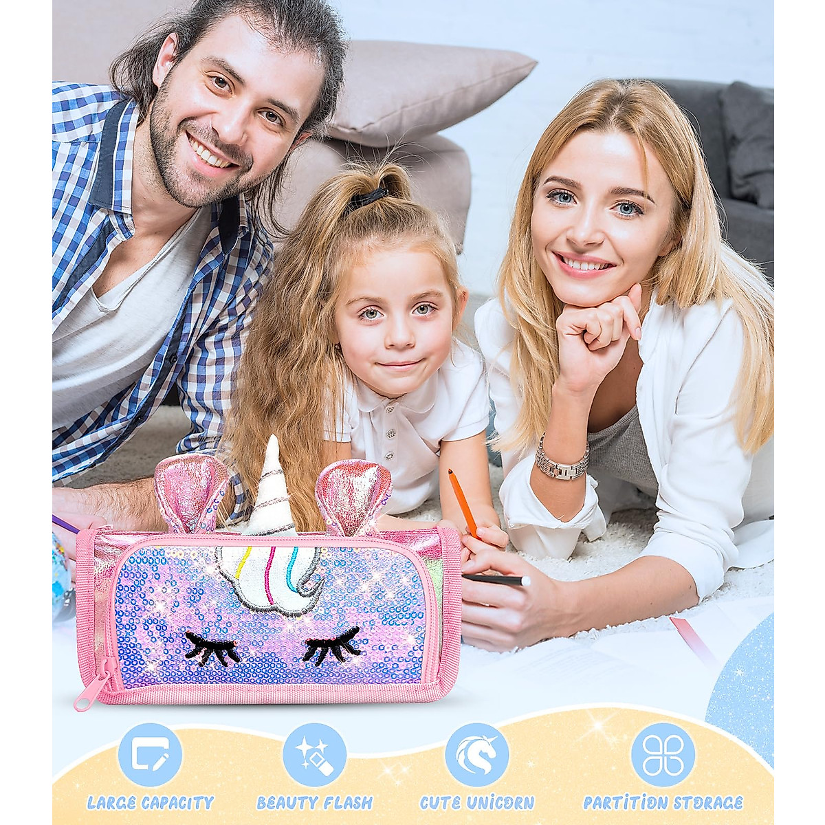 LISEVO Cute Pencil Case, 3D Pencil Pouch for Girls Kids, Sparkly Pencil Bag with Sequins for Students, Glitter Bling School Supplies Stationary Pen Holder