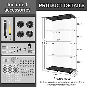 LFT HUIMEI2Y Glass Display Cabinet 4-Shelf with Double Door, Curio Cabinets Fast Installation in 30 Mins, Tempered Glass Floor Standing Bookshelf for Bedroom, Living Room 64.7”x 32”x 14.4” Black