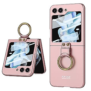 DOOTOO for Samsung Galaxy Z Flip 5 Case with Ring Holder Matte PC Built-in 9H Glass Screen Protector All-Inclusive Shockproof Case (Pink)