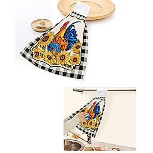 MUSEDAY Hand Towels for Bathroom Kitchen Farm Rooster with Sunflower Black Buffalo Plaid American Country Style Decorative Hanging Hand Towels Set Soft Tea Bar Tie Towel Washcloth