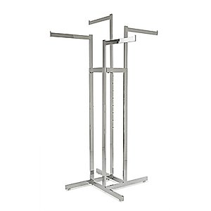 Econoco - Chrome 4-Way Clothing Rack, Straight Adjustable Height Arms, Rectangular Tubing, Perfect for Clothing Store Display