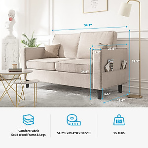 Mjkone Loveseat Sofa with 2 Storage Side Pocket, 54.7'' Modern Fabric Love Seats, Easy Assembly/High Resilience Sponge/Real Wooden Frame and Solid Wood Sofa Legs(Beige, Loveseat)