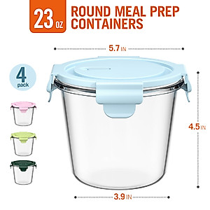 Winproper 4 Pack Glass Meal Prep Containers with Airtight Lids, Leak-proof Round Storage Containers Set, Reusable Glass Soup Containers Overnight Oats Containers for Leftover, Soup, Fruit