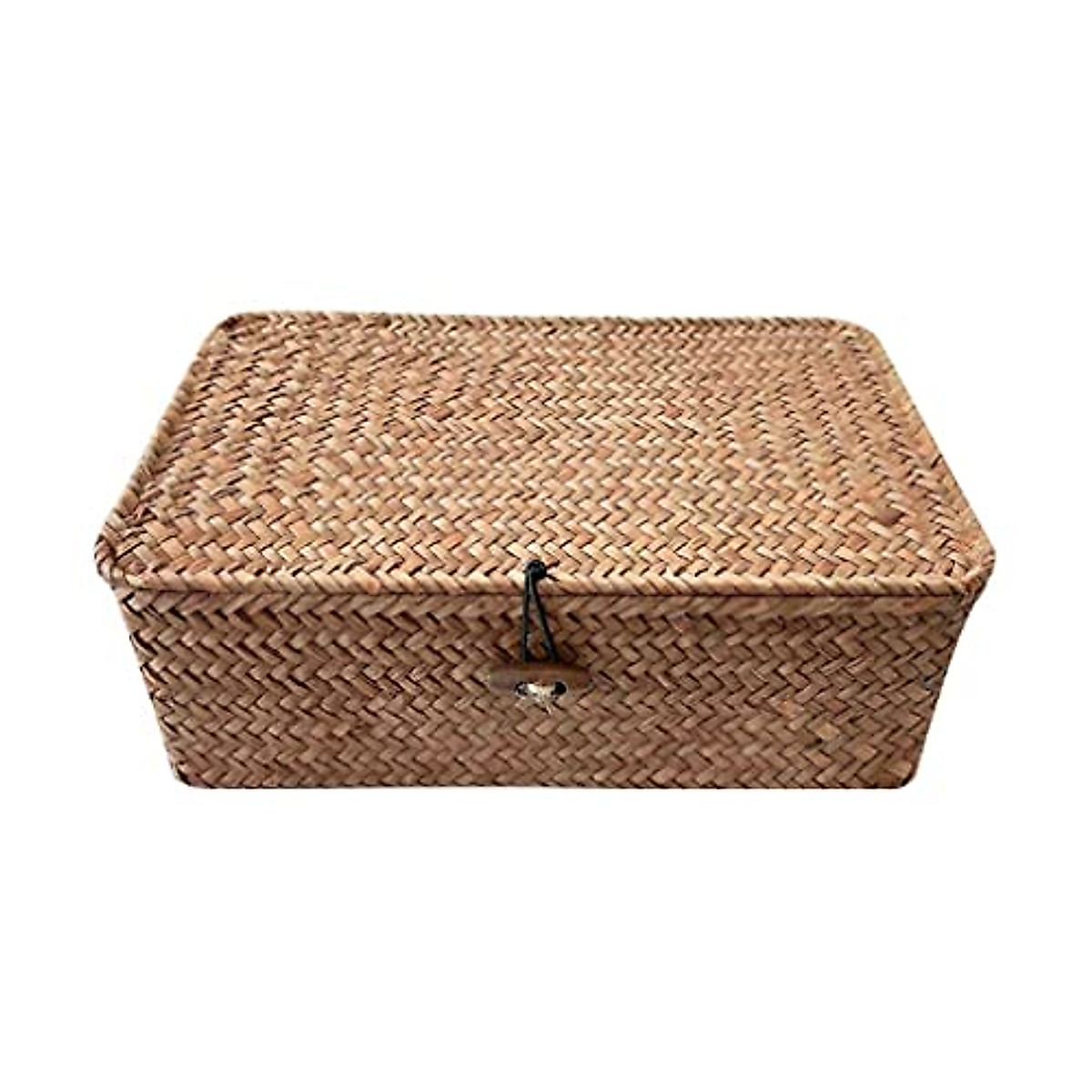 Rattan Storage Basket Hand-Woven Storage Basket Multipurpose Container with Lid for Desktop Home Decor (L)