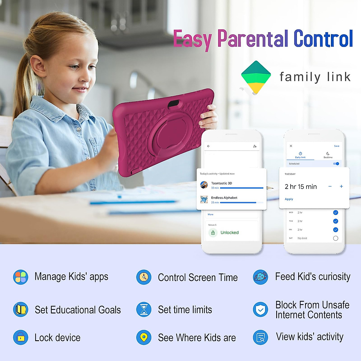 10" Kids Tablet Android 13.0, 4GB RAM+64GB ROM, Learning Tablets for Toddler Children Teen, WiFi-6, 2Ghz CPU, 2.4G/5G, Dual Camera, 10.1'' IPS HD Screen, Family Link, 8000mAh Battery, 2-Year Warranty
