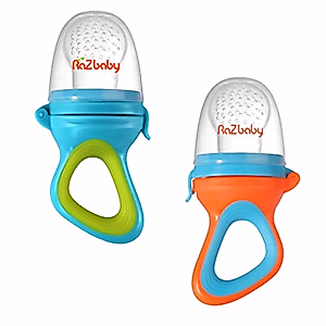 RaZbaby Baby Solids/Frozen Fruit Feeder Pacifier, Infant Teether Toy 6M+, BPA-Free Silicone Pouch & Nipple, Safely Introduce Solids, Teething Relief, Dishwasher Safe, 2-Pack – Orange/Blue + Green/Blue