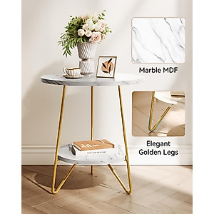 LITTLE TREE 2 Tier Faux Marble End Table Round Side Table with Shelves Small Coffee Accent Table for Living Room, White and Gold