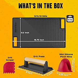 Cast Iron Reversible Grill/Griddle Set with Press, Scraper & Mitts - Pre-Seasoned, Non-Stick - 16.75" x 9.5" - Gas Stove, Grill, Camping, Indoor and Outdoor Cooking