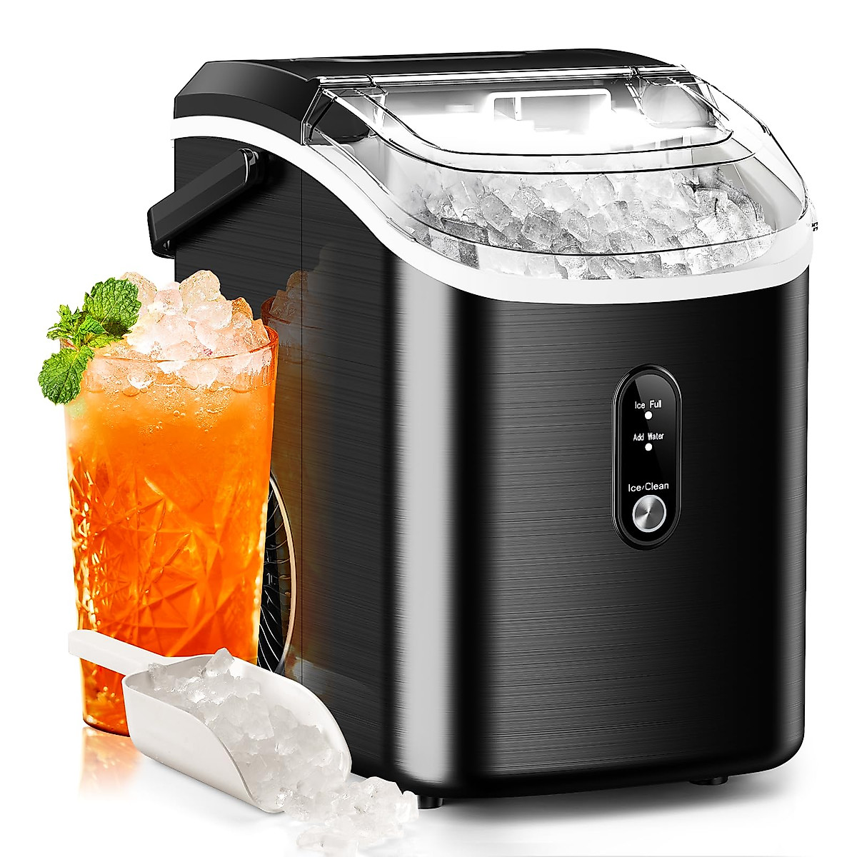 Nugget Ice Makers Countertop with Soft Chewable Pellet Ice, Stainless Steel Black, 7Mins Ice Making, 35.5Lbs/24Hrs, Pebble Ice Maker with Self-Cleaning/Basket/Scoop for Home/Office/Bar