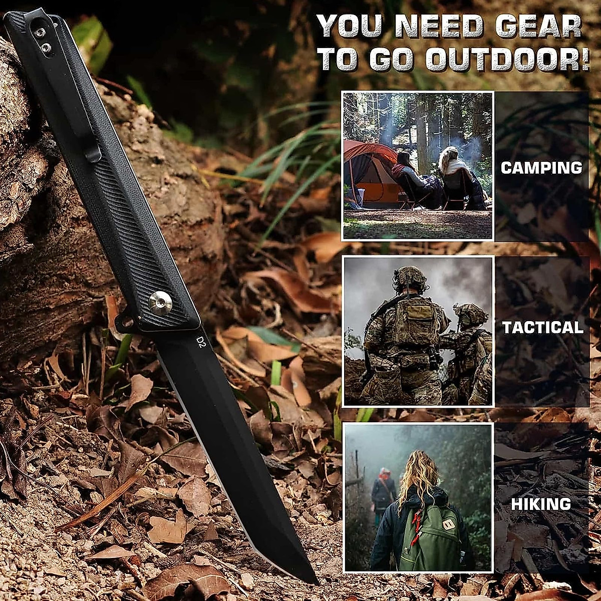 REMETTE Tactical Pocket Knife GD22K,Flip Assisted Opening Pocket knife,Sharp D2 Steel Tanto Folding knife with Durable G10 Handle,Men Women Everyday Carry EDC Knife,Camping Hunting Knives