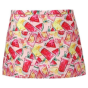 Plum Hill Tropical Waist Apron Set - Waitress Server Aprons - 3 Pockets; Cute Half Apron for Bartender, Restaurant, Coffee Shop, Teachers - Floral and Watermelon Drinks