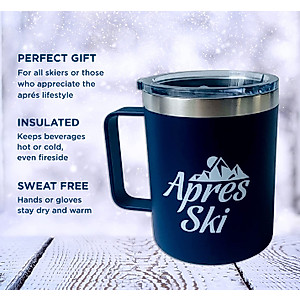 Apres Ski Travel Mug for Skiers - Leak Proof Insulated Coffee Mug with Handle & Lid - Gift for Skiers