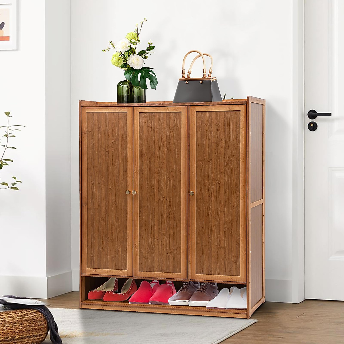 MARTEXBUY Shoe Cabinet with Doors for Entryway, 8-Tier Bamboo Storage Cabinet, Shoe Floor Storage Organizer Rack, Freestanding Shoes Organizer for Living Room Bedroom