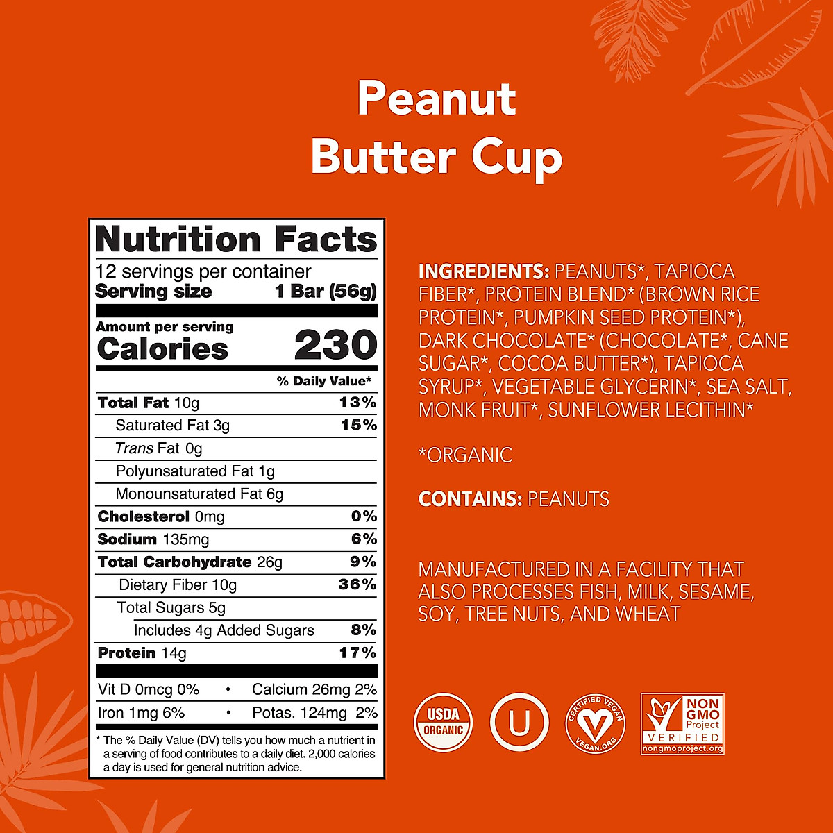 ALOHA Organic Plant Based Protein Bars - Peanut Butter Cup Bar - 12 Bars, Vegan, Low Sugar, Gluten-Free, Low Carb, Non-GMO, No Stevia, No Erythritol