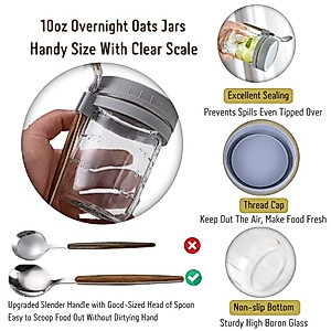 Mason Jars for Overnight Oats, Overnight Oats Container with Lids, Spoon,Upgrade Fixed Silicon Spoon Clip and Open-Type Ring,10 Oz Airtight Oatmeal Glass Jars for Meal Prep Yogurt Parfait On The Go