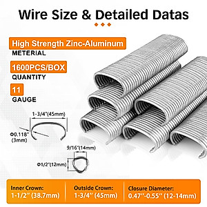 KIMSING 11 Gauge C50 Zinc-Aluminum Alloy Hog Ring Staples 1-3/4" (45 mm) Crown, 1600 PCS/Box, C Ring Staples Fasteners for Heavy Duty Wire Fencing, Gabion