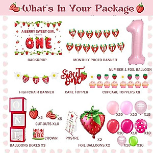 Berry Sweet One Birthday Party Decorations, Fiesec Berry First Strawberry 1st Birthday Party Decorations Backdrop Balloon Garland Monthly Photo High Chair Banner Box Cutout Crown Poster