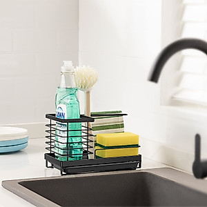 Oyydecor Sink Caddy, Sponge Holder for Kitchen Sink Organizer, 304 Stainless Steel Rustproof Countertop Sponge Brush Soap Holder with Drain Pan for Counter (Black)