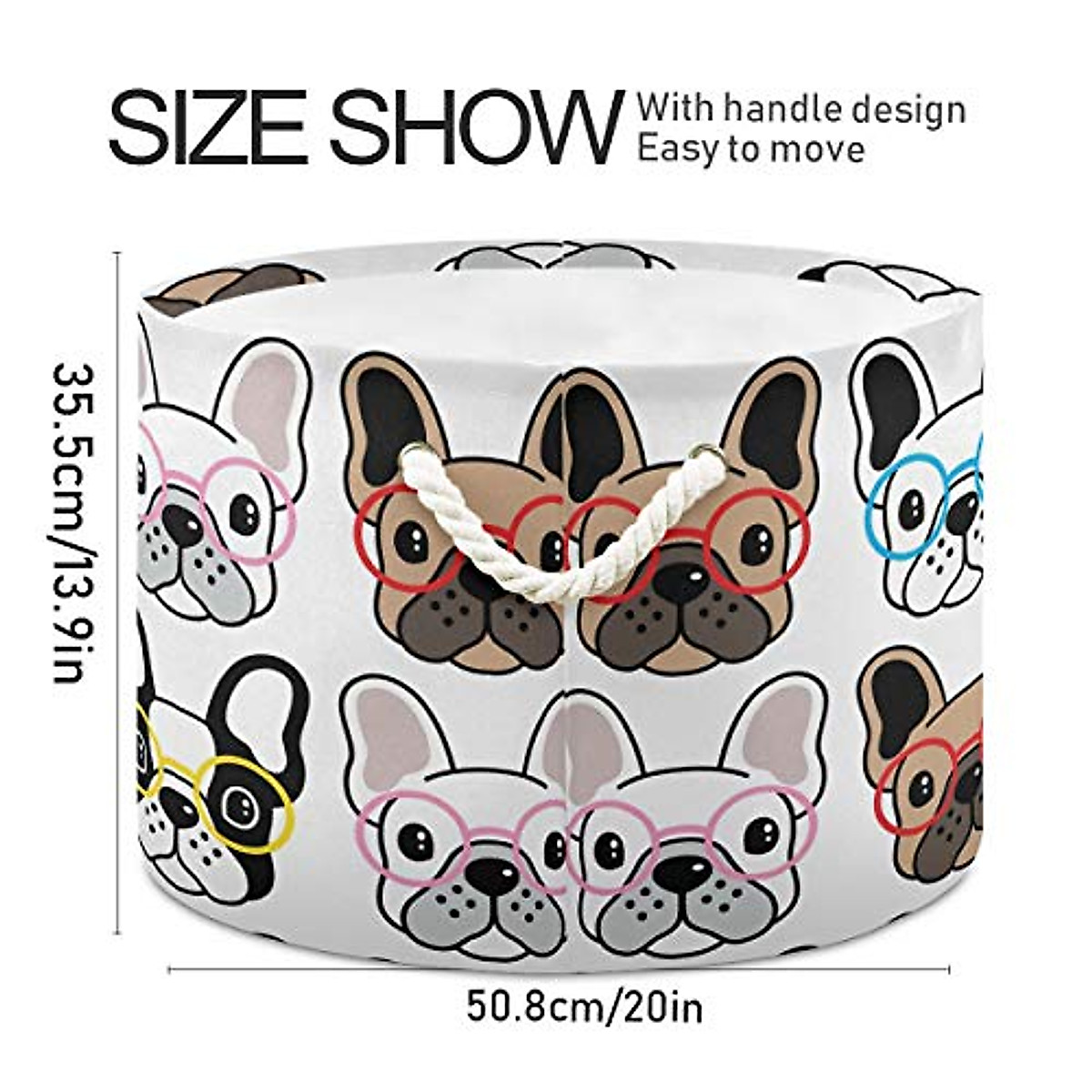 ALAZA Round Storage Basket Bin Cute Glasses French Bulldog Collapsible Waterproof Laundry Hamper Baby Nursery Basket Organizer with Handles for Bedroom Closet Toys Gifts