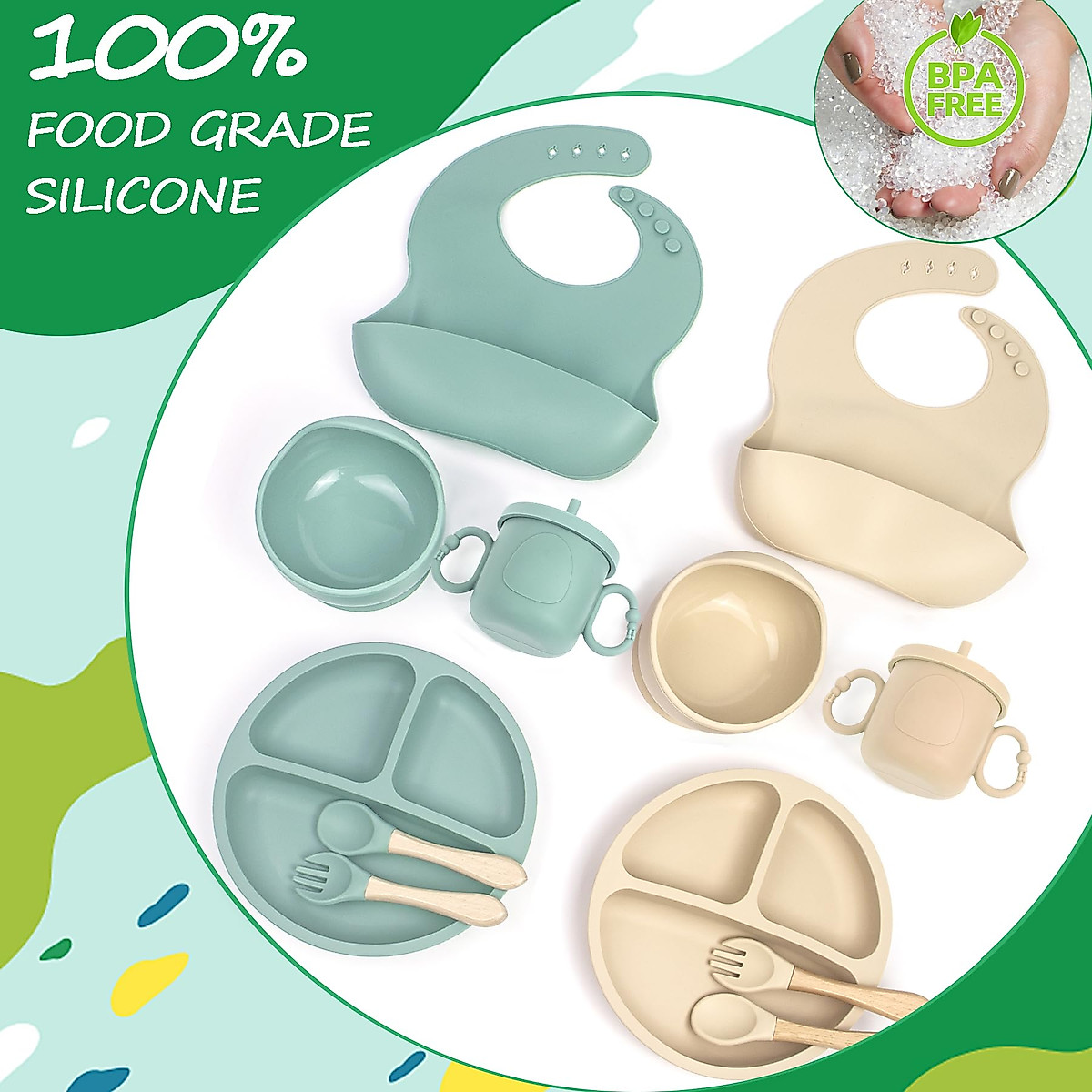 Silicone Baby Feeding Set, 18PCS Baby Led Weaning Supplies, Includes Baby Suction Bowls and Plates, Silicone Baby Bibs, Silicone Baby Cup, Silicone Baby Spoons and Forks (Beige & Olive-green)