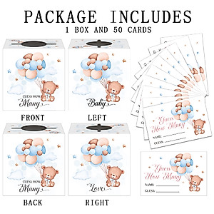 Azbuk Blue balloons Bear Baby Shower Game Cards with Box, Guess How Many, Baby Shower Game with Box and 50 Guessing Cards, Baby Shower Decorations for Boy and Girl