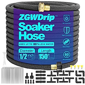 ZGWDrip Soaker Hose 150 FT,1/2 Inch Soaker Garden Hose with 3/4" Solid Brass Connectors Save 80% Water Drip Irrigation Kit for Lawn/Yard Landscaping beds