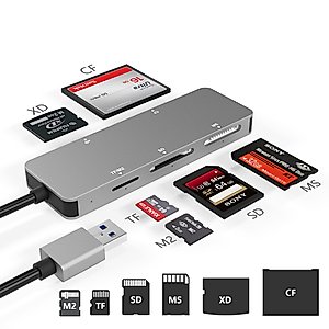 USB3.0 XD Card Reader, USB 3.0 (5Gps) High Speed TF/SD/MS/M2/XD/CF Memory Card Solt Combo Adapter, 6 in 1 Aluminum Card Reader,Compatible with Windows XP/Vista / 7/8 / 8.1/10, Mac OS, Linux