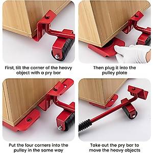Furniture Lift Mover Tool Set, Furniture Movers with Adjustable Height Lifting Tool Lever & 4 Wheels, Furniture Lifter Moving Sliders for Moving Heavy Furniture, Refrigerator, Sofa, Cabinet (Red)