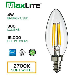MaxLite Candelabra LED Chandelier Bulbs, 40W Equivalent, Enclosed Fixture Rated, 300 Lumens, Dimmable Filament Candle Bulbs, E12 Base, Energy Star, Wet Rated, 2700K Soft White, 6-Pack