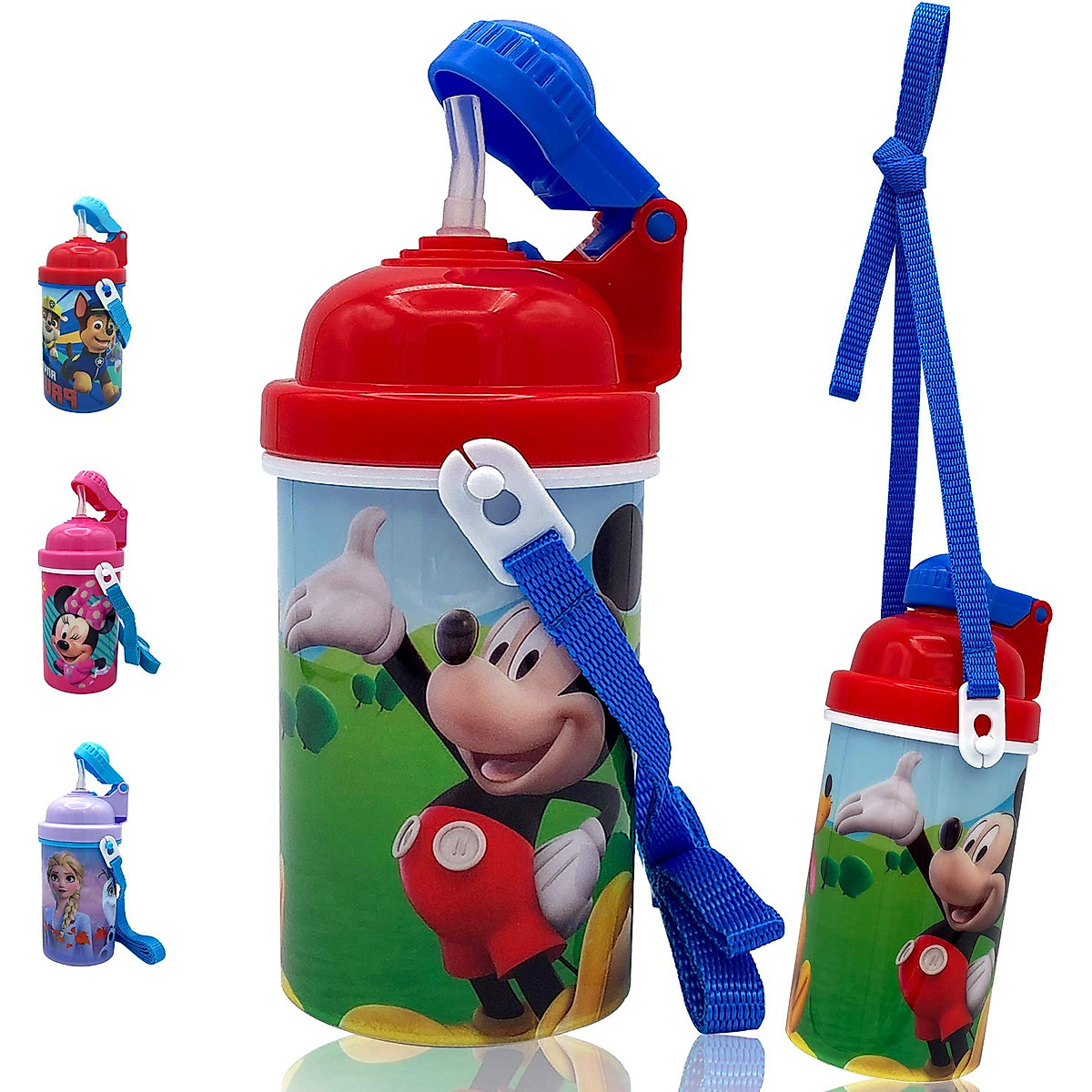 Zak Designs Disney Classic Mickey Carrying Strap One Touch Water Bottles with Reusable Built in Straw - Safe Approved BPA Free, Easy to Clean, for Kids Girls Boys, Goodies Home Travel