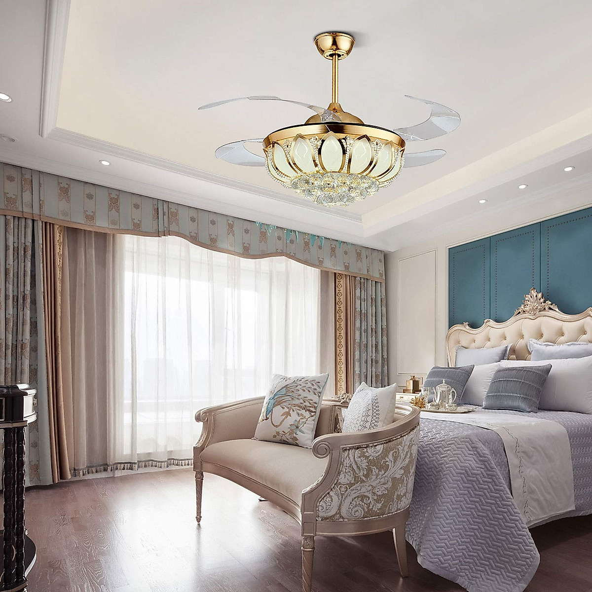 N/B 42 Inch Modern Gold Crystal Chandelier Fan with Retractable Blades Ceiling Fan with Light LED and Remote Control Indoor Fan Suitable for Dining Room Bedroom