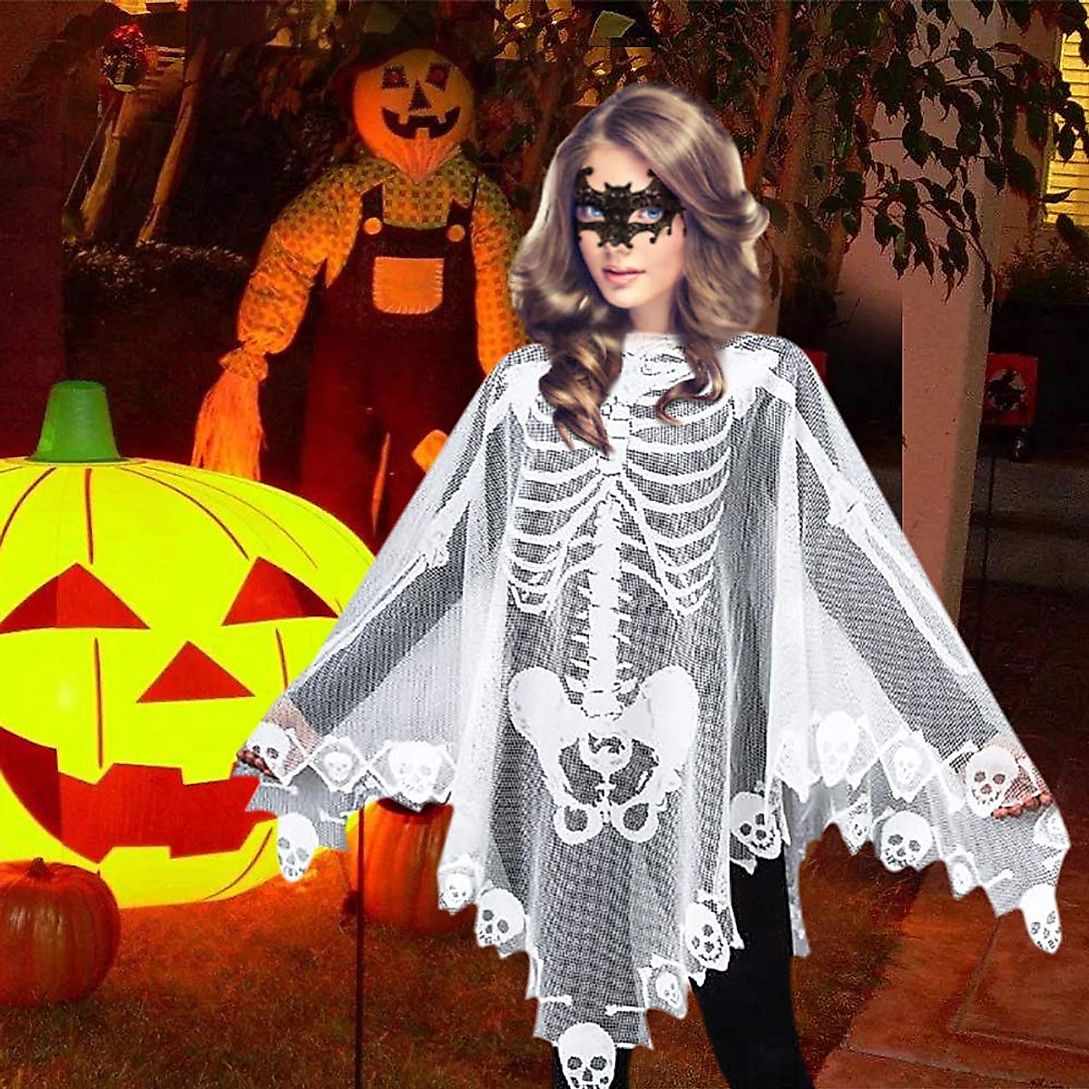 Qerhod Women's Skeleton Halloween Costume Skeleton Cape Poncho,Includes Masquerade Mask for Halloween(White)