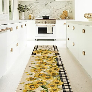 Artoid Mode Buffalo Plaid Sunflower Summer Kitchen Mats Set of 2, Hello Sunshine Spring Home Decor Low-Profile Kitchen Rugs for Floor - 17x29 and 17x47 Inch