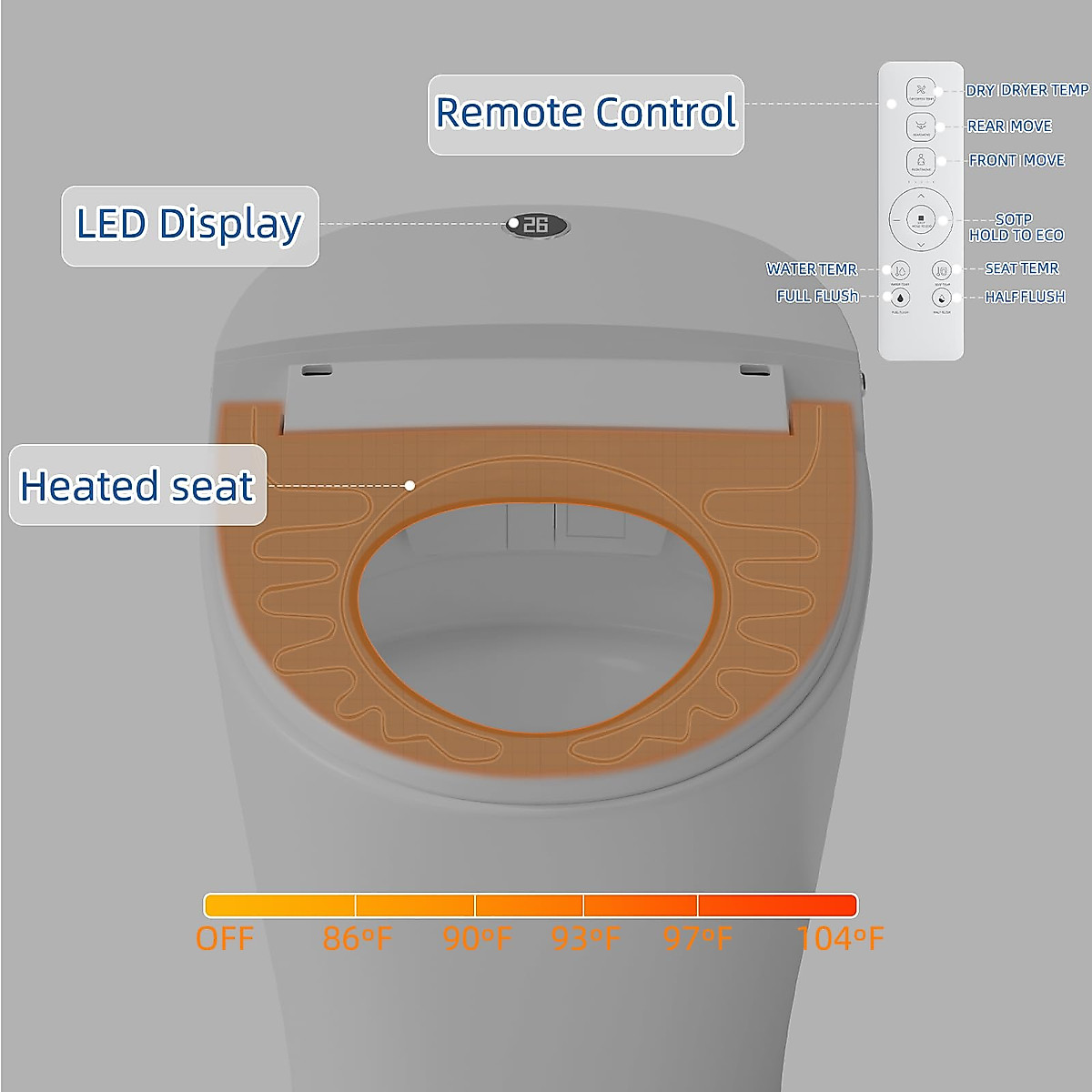 One Piece Bidet Toilet,Smart Toilet for Bathrooms,Modern Elongated Toilet with Foot Sensor Operation,LED Display, Dual Auto Flush, Heated Bidet Seat with Warm Water