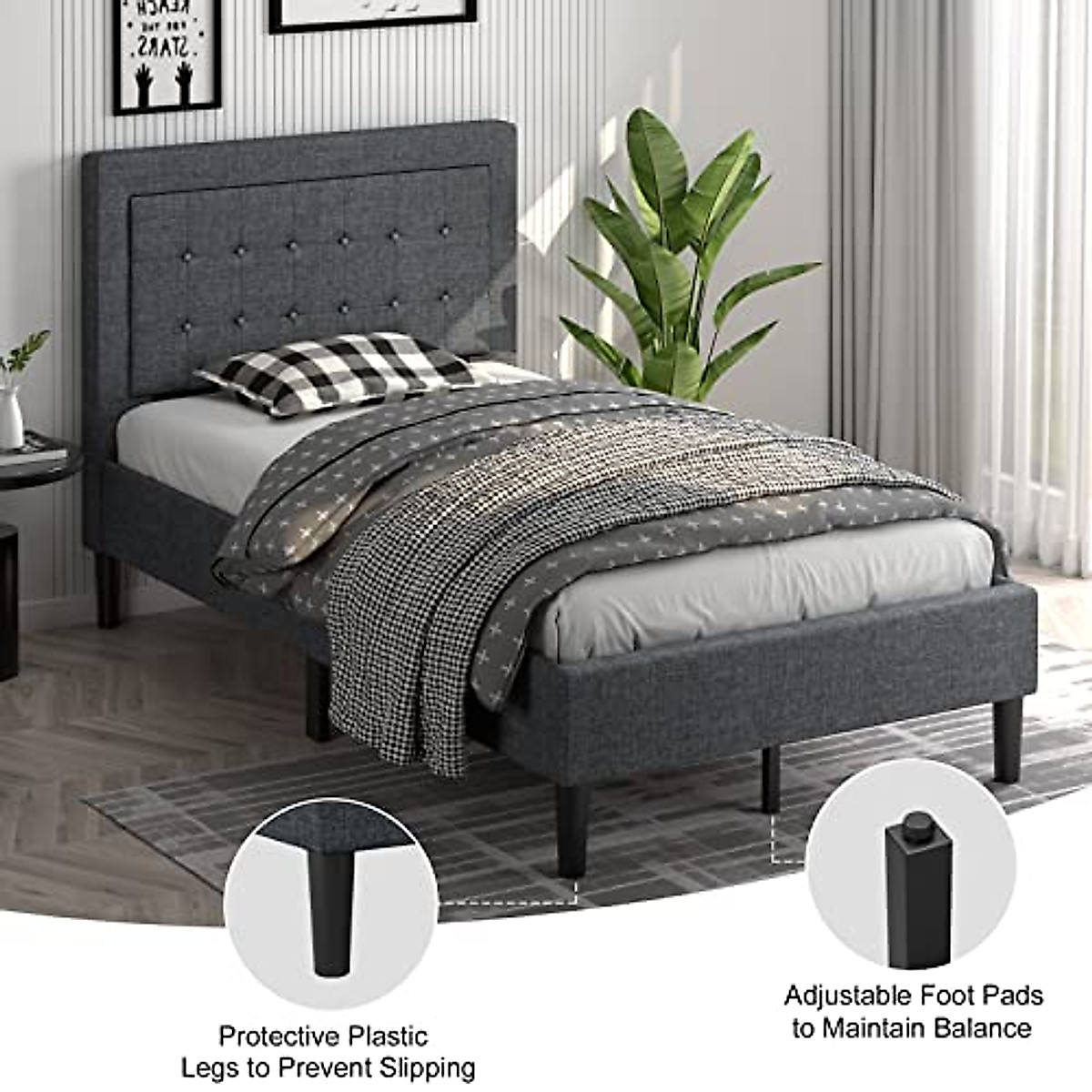 Giantex Upholstered Bed Frame, Modern Platform Bed w/Button Tufted Headboard, Solid Slats Support Mattress Foundation, No Box Spring Needed, Easy Assembly, Noise-Free Design, Twin, Grey