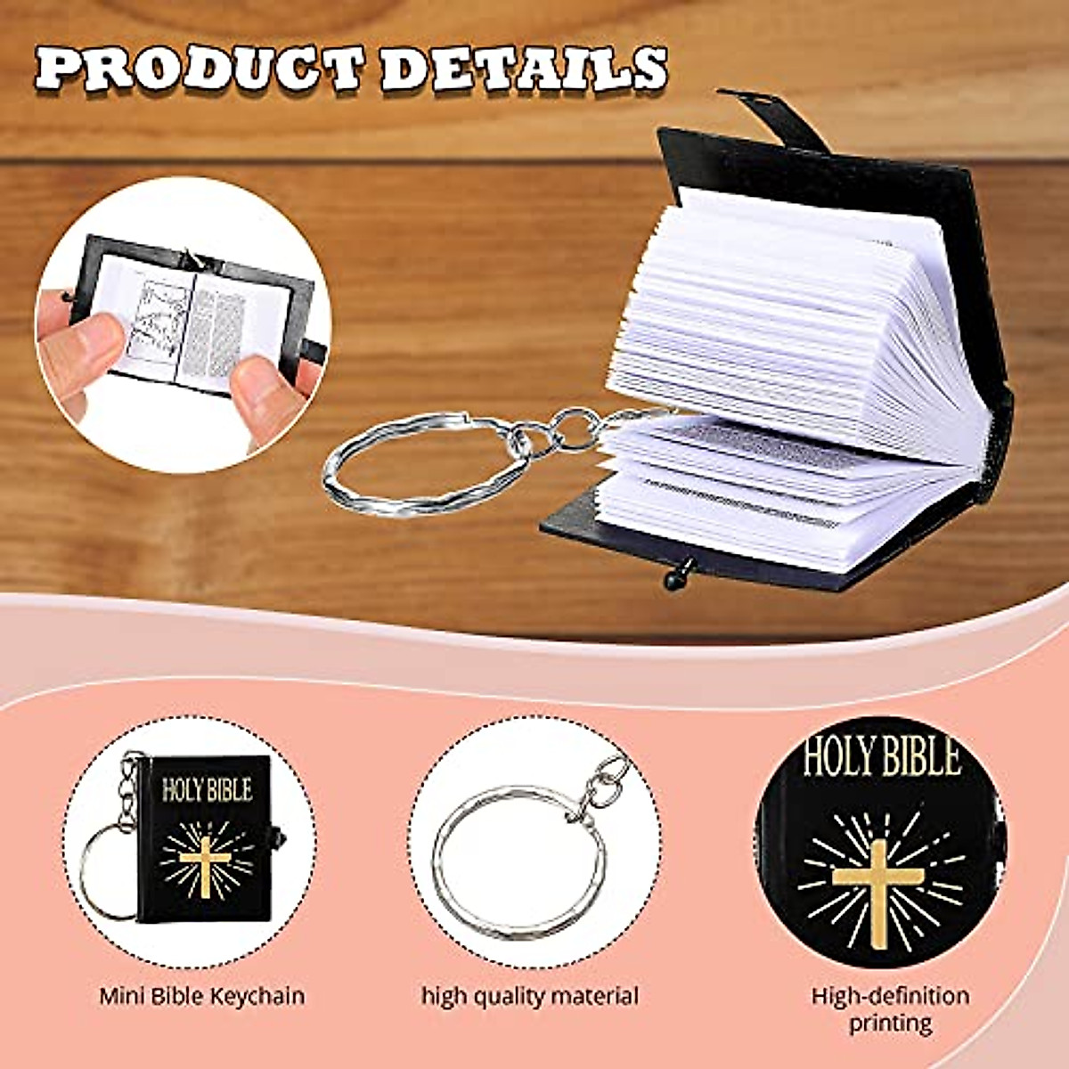 Hicarer 18 Pieces Mini Bible Keychain Miniature Holy Bible Pendant Book Keyring (Black)