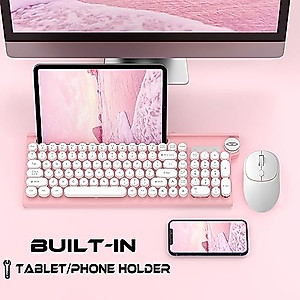 Typewriter Style Wireless Keyboard and Mouse Combo, Mute Keyboard with 2.4G 104-Key Retro Round Keycap Keyboard Ergonomic Design and Wterproof Keyboard with Round Mouse, White & Pink