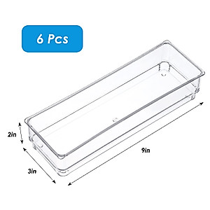 Fixwal Clear Drawer Organizers, 6-Piece 9x3x2 Inches Stackable Plastic Rectangle Trays, Dresser Storage Bins Separation Box for Bathroom, Office, Bedroom