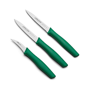 ARCOS 3 Pieces Paring Knife Set. 3 Peeling Knives of Stainless Steel and Ergonomic Polypropylene Handle for Cutting Fruits, Vegetables and Tubers. Series Nova. Color Green