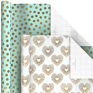 Hallmark Wrapping Paper with Cutlines on Reverse (6 Rolls: 180 Sq. Ft. Total) White and Silver Stripes, Mint Green, Gold Hearts and Flowers for Weddings, Bridal Showers, Birthdays