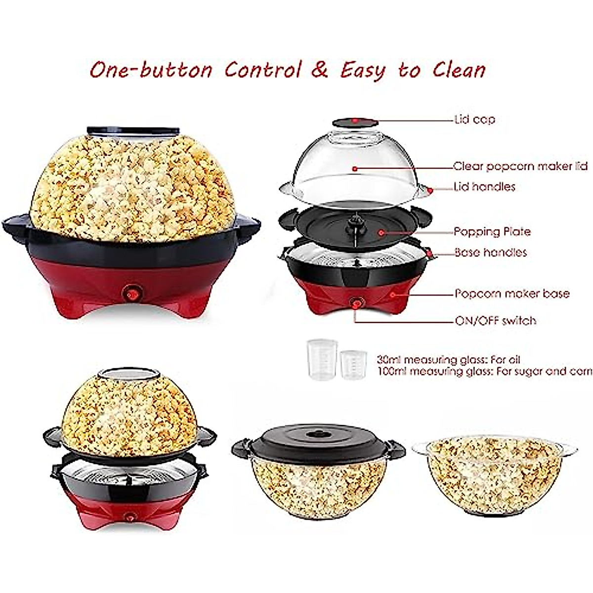 TLGREEN 6 Quart Popcorn Machine, Stir Crazy Popcorn Popper Machine, Electric Hot Oil Popcorn Maker Machine, with Nonstick Plate & Stirring Rod, Large Lid for Serving Bowl and Two Measuring Cups