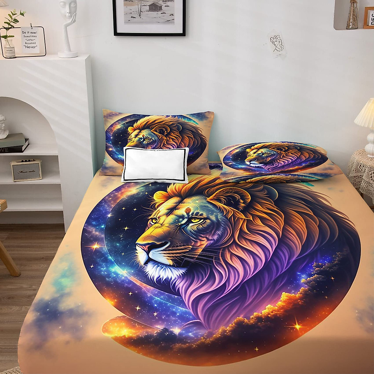 NOGAWA Lion Sheets Full Size, Fantasy Bed Sheets, Patterned Bedding Sheets & Pillowcases 4 Piece Set - Soft Microfiber Deep Pocket Fitted Sheet & Flat Sheet & 2 Pillow Cases