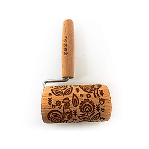 Engraved Mini Rolling Pin with Pattern for Embossed Cookies (FOLK ROOSTER)