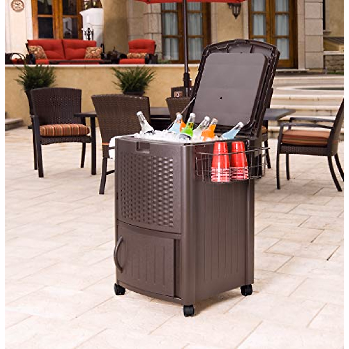 Suncast Resin 77 Quart Wicker-Look Outdoor Patio Cooler with Wheels, Java