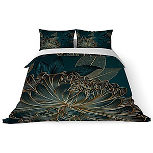 Duvet Cover Sets Queen -Abstract Elegant Chrysanthemums-Bedding Comforter Set Breathable SetsSoft Microfiber 3 Pcs